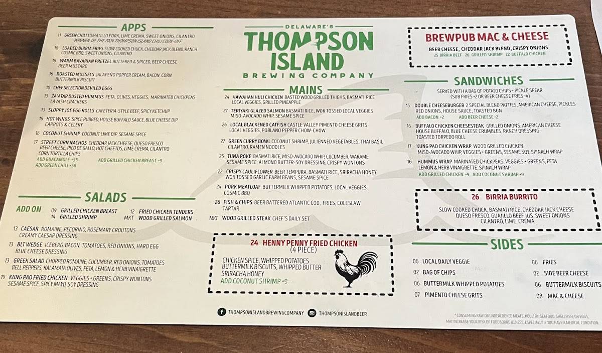 Menu at Thompson Island Brewing Company pub & bar, Rehoboth Beach