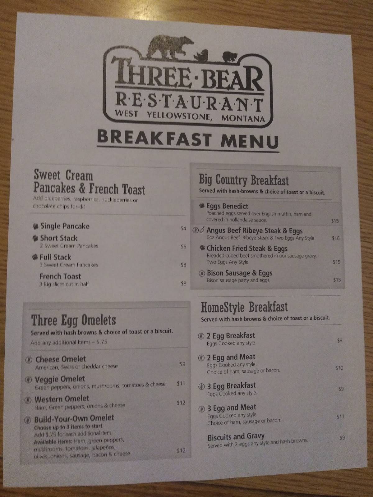 Menu at Three Bear Restaurant, West Yellowstone
