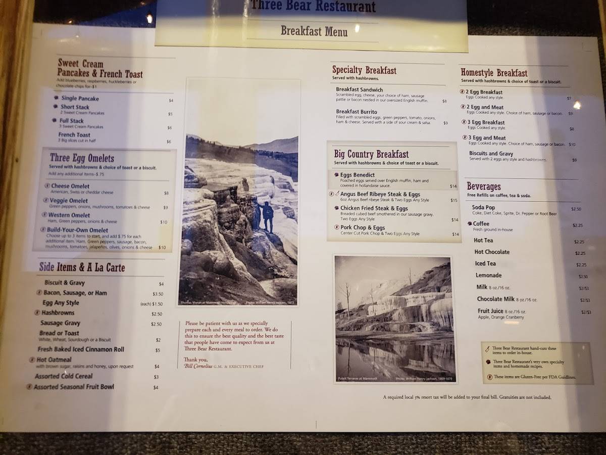 Menu at Three Bear Restaurant, West Yellowstone