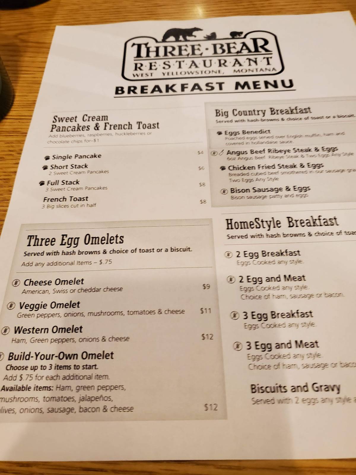 Menu at Three Bear Restaurant, West Yellowstone