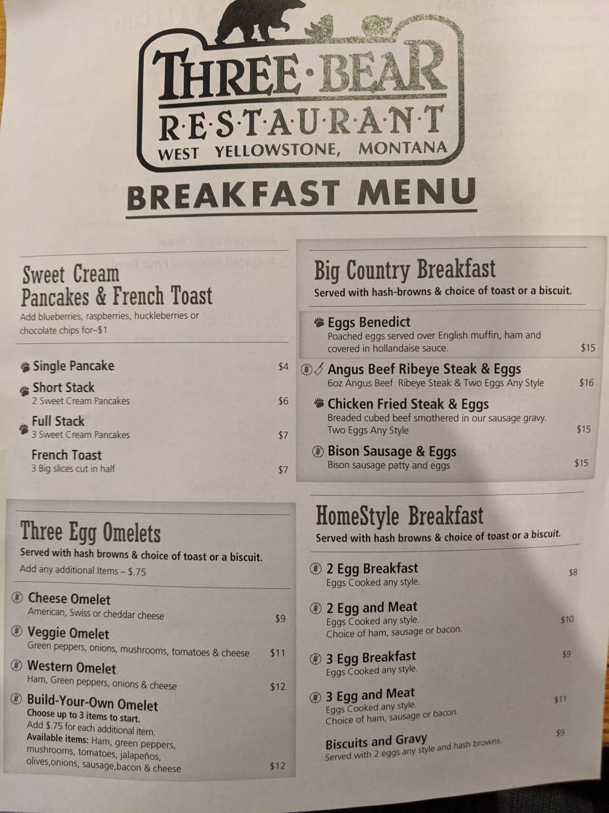 Menu at Three Bear Restaurant, West Yellowstone