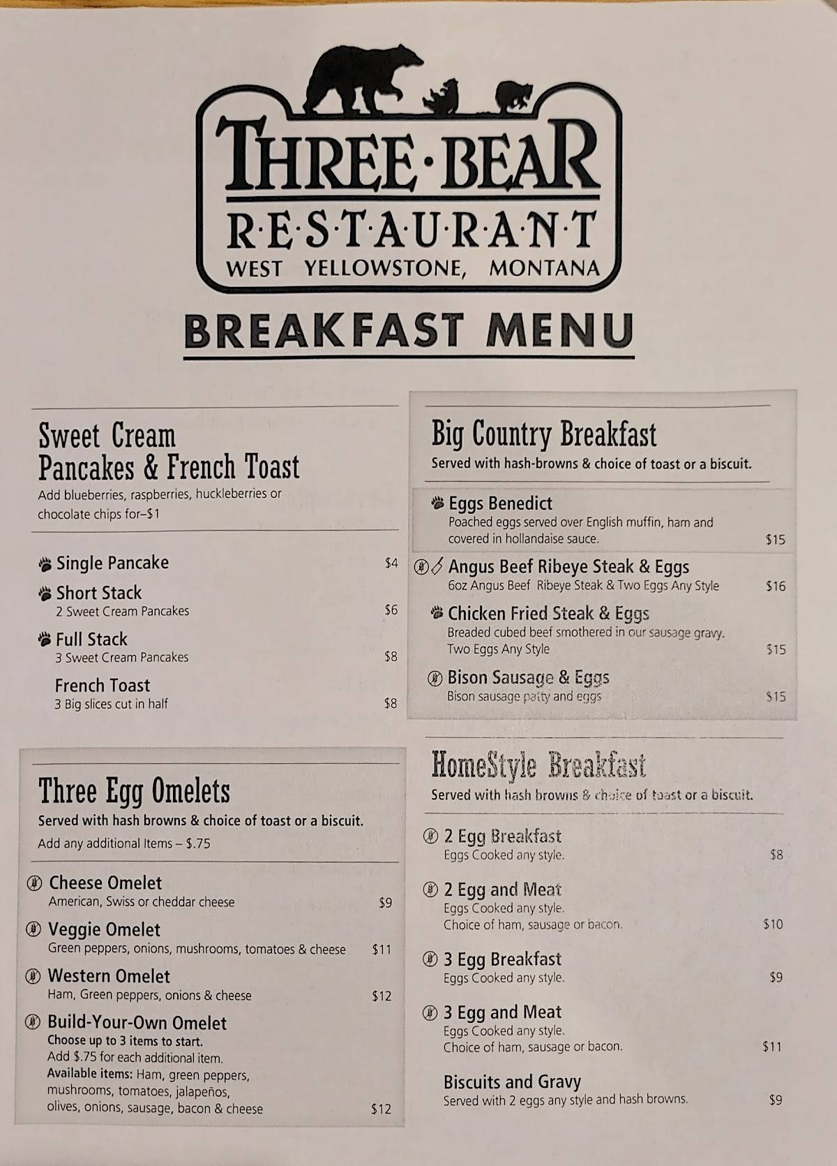 Menu at Three Bear Restaurant, West Yellowstone