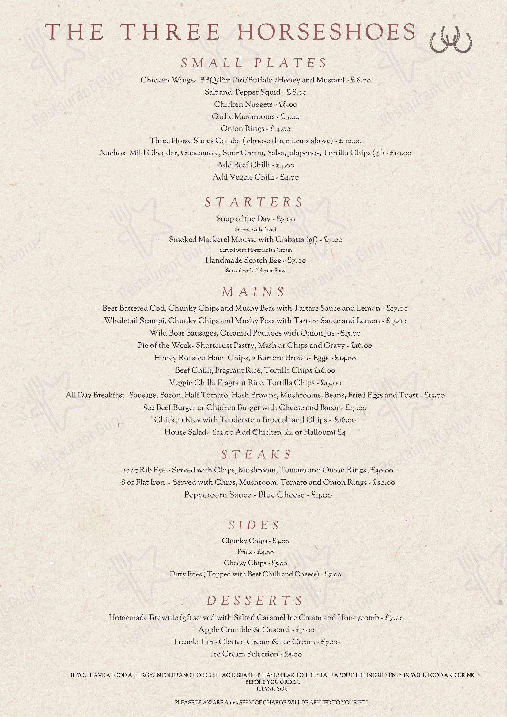 Menu at Three Horseshoes pub & bar, Henley-on-Thames