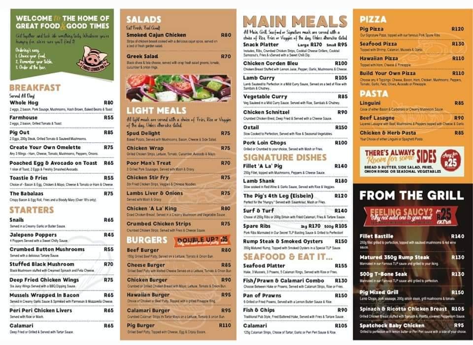 Menu at Three Legged Pig pub & bar, Port Elizabeth