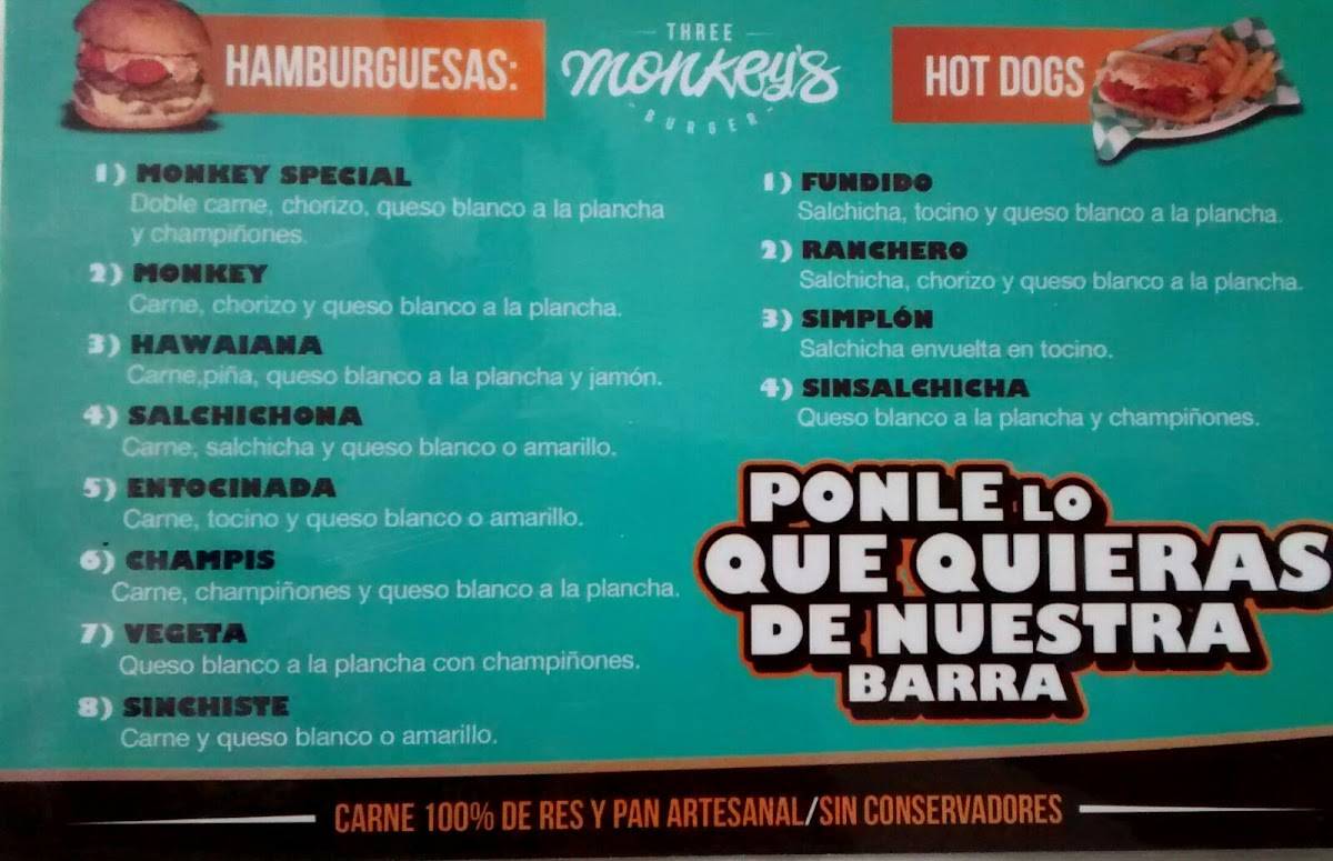 Menu at Three Monkey's Burger restaurant, Zapopan
