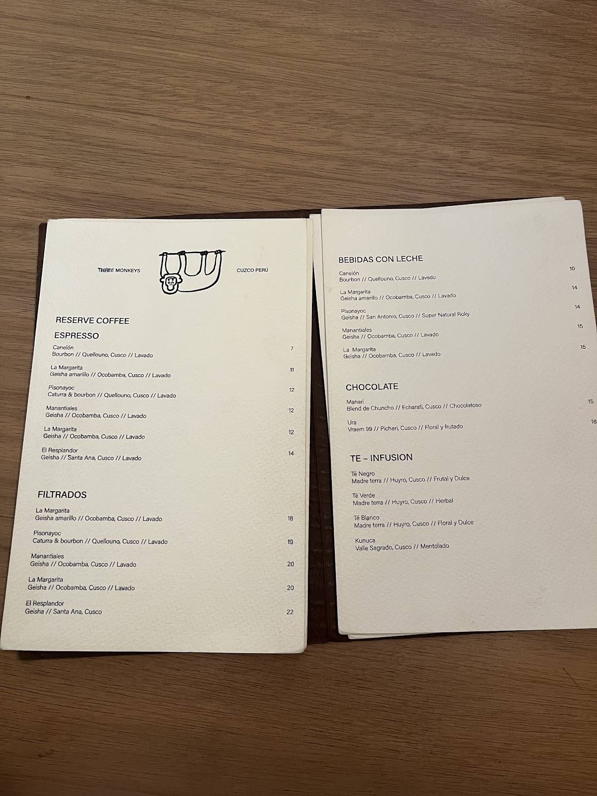 Menu at Three Monkeys Coffee Cusco cafe, Cusco