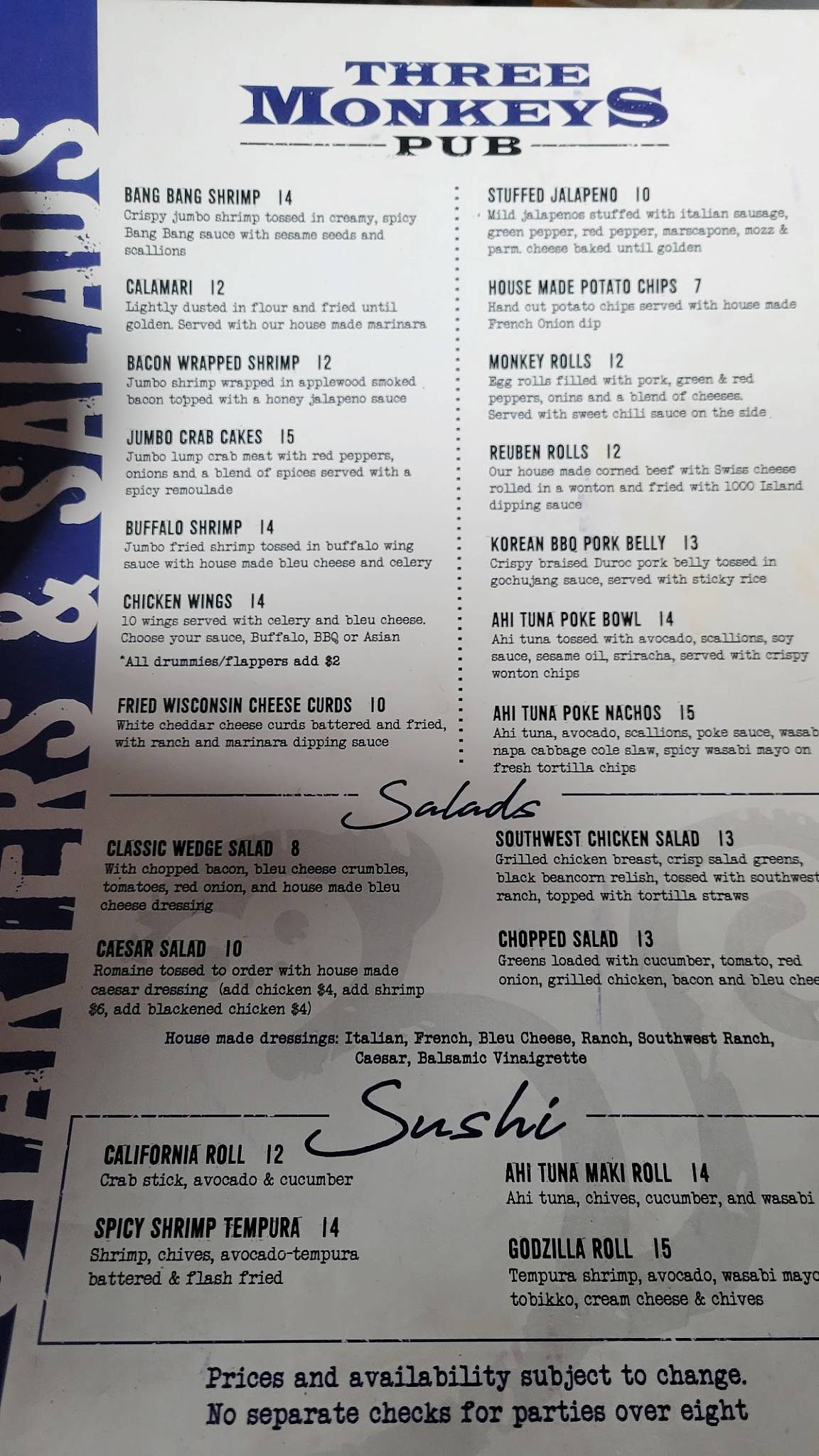 Menu at Three Monkeys Pub, Crown Point, 21 Adams St