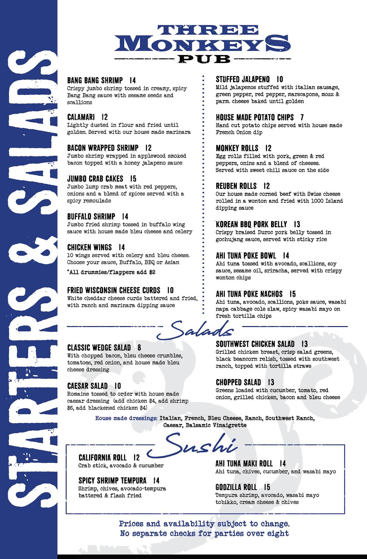 Menu at Three Monkeys Pub, Crown Point, 21 Adams St