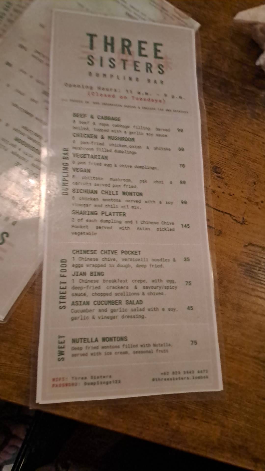Menu at Three Sisters Lombok restaurant, Indonesia