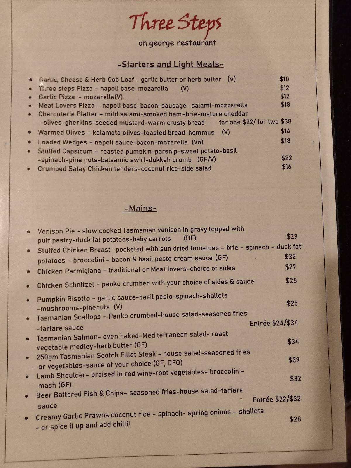 Menu at Three Steps On George restaurant, Launceston