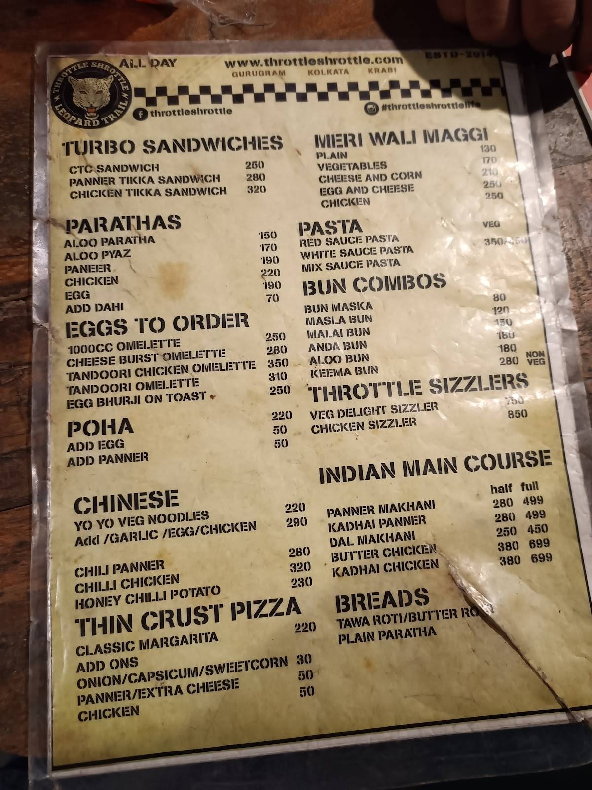 Menu at Throttle Shrottle- Leopard Trail, India