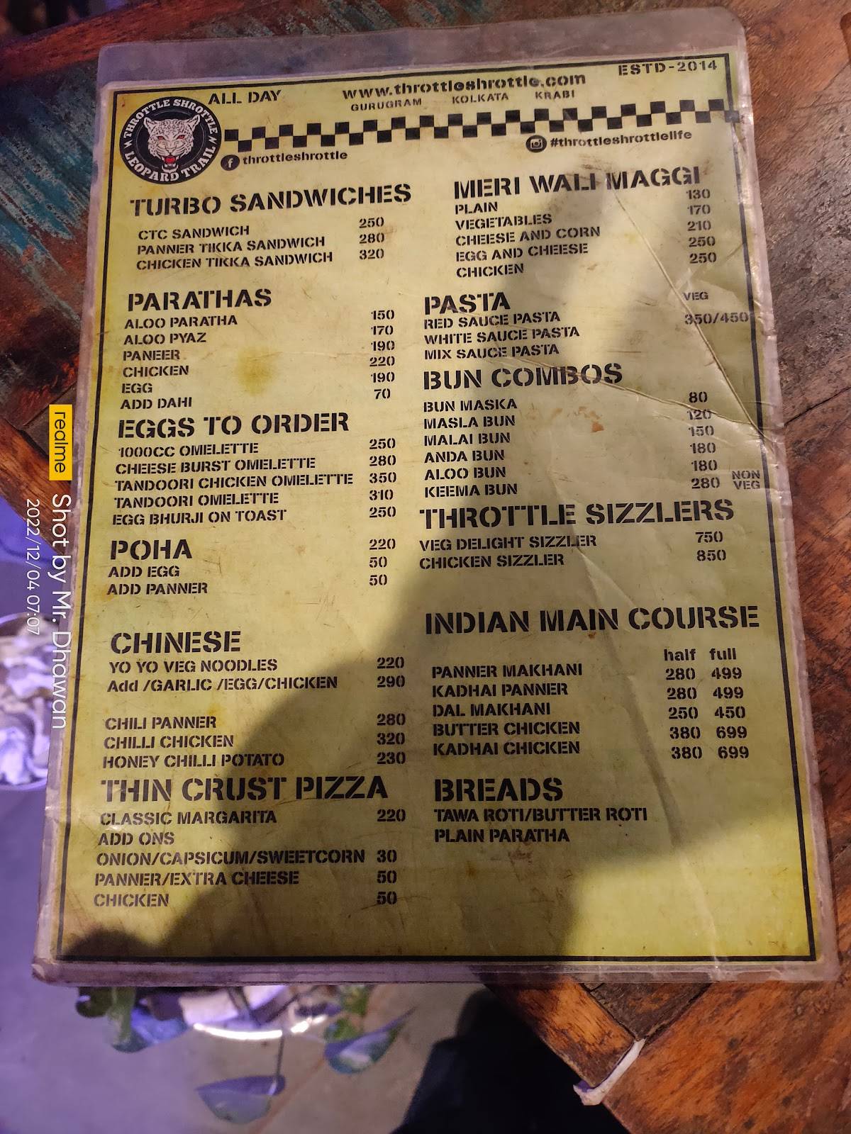 Menu at Throttle Shrottle- Leopard Trail, India