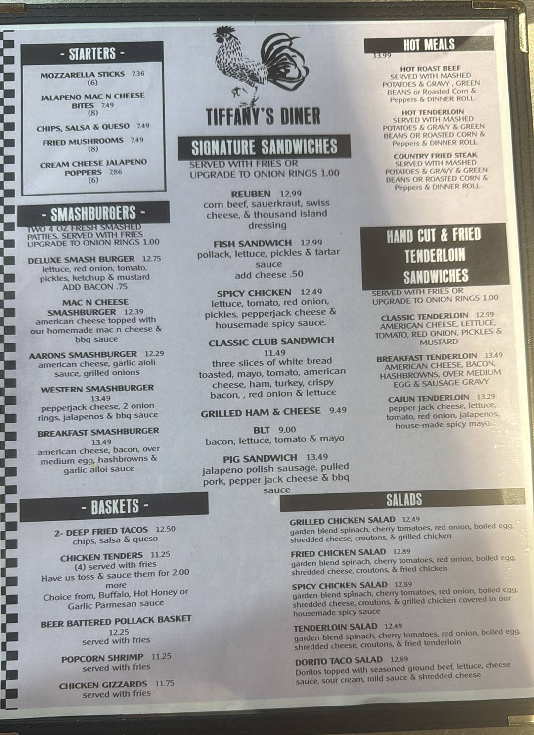 Menu at Tiffany's Diner restaurant, Gower