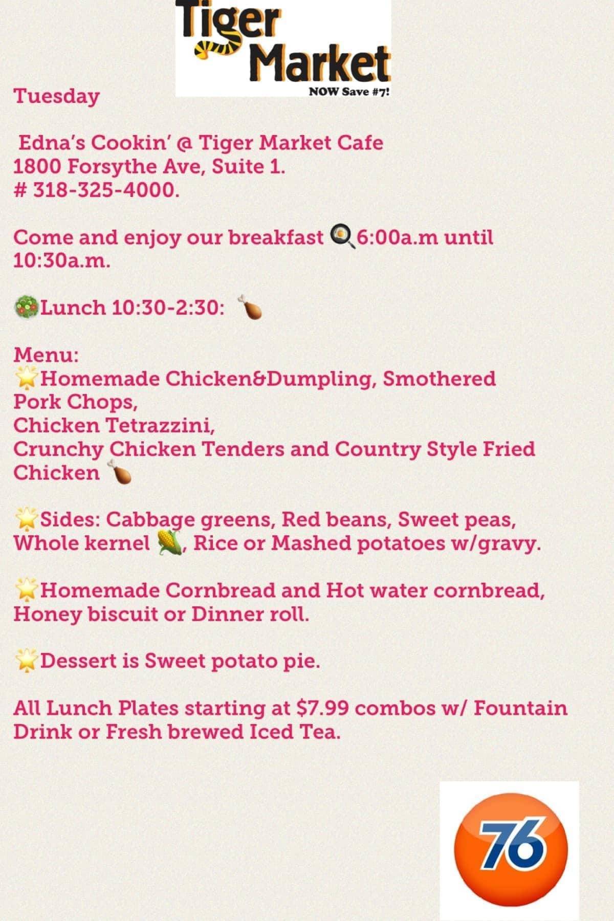 Menu at Tiger Cafe', Monroe