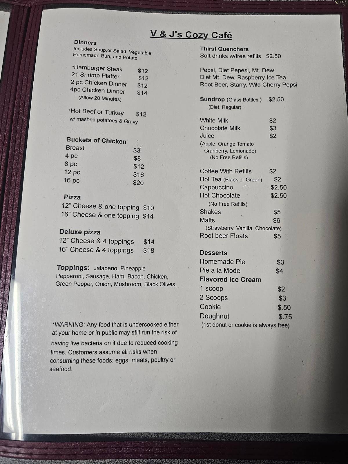 Menu at V & J's Cozy Cafe, Tigerton, 112 US-45
