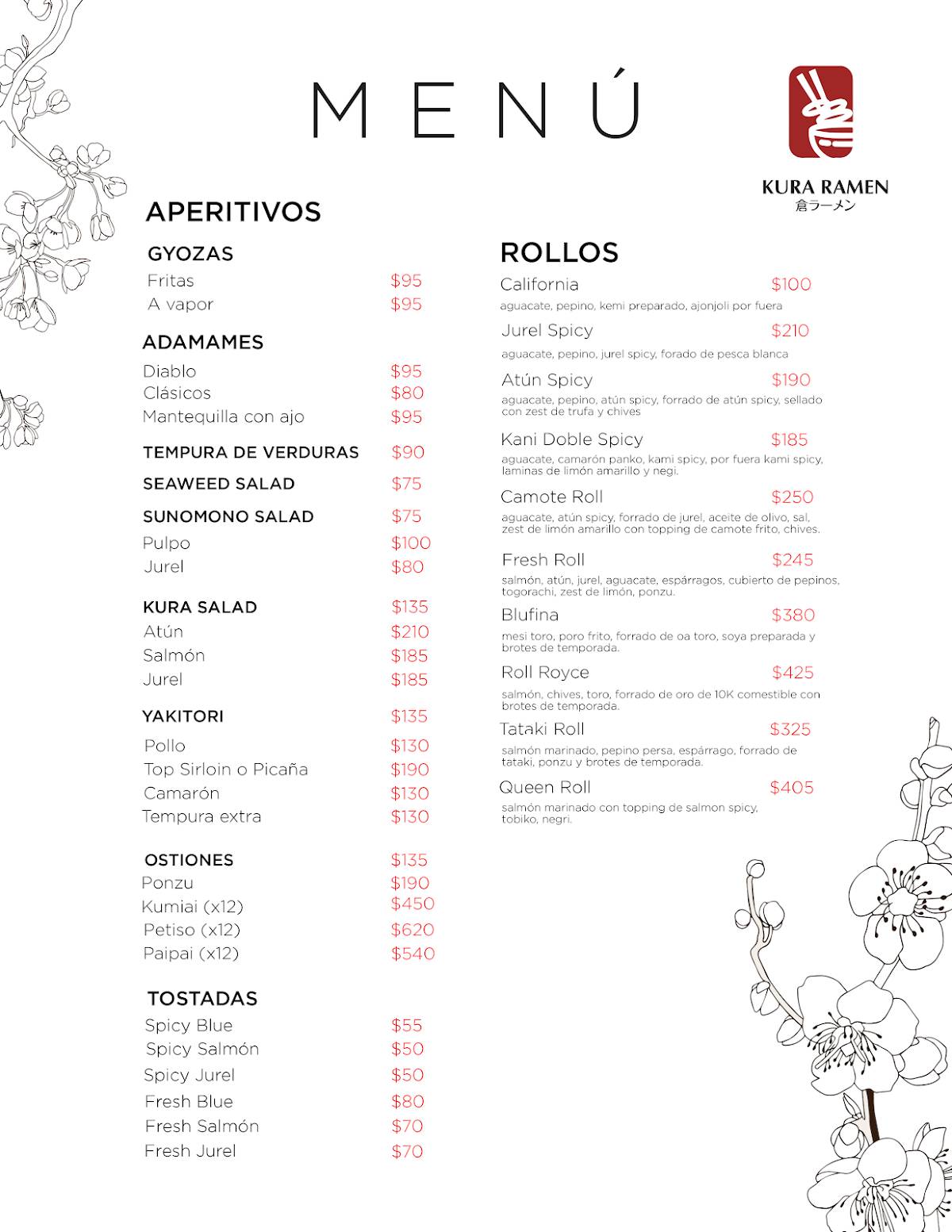 Carta del restaurante Kura Ramen, Tijuana