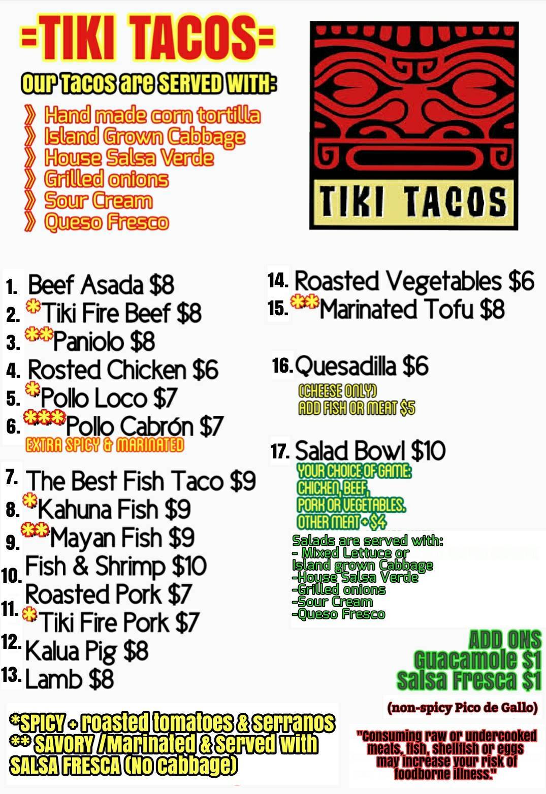 Menu at Tiki Tacos restaurant, Waimea