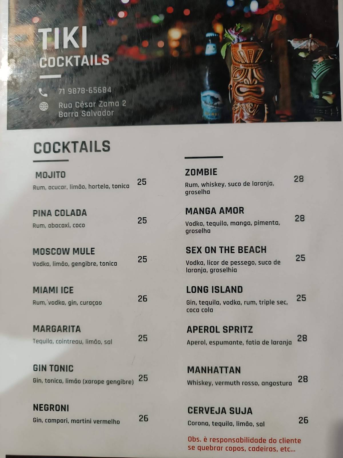 Menu em Tiki bar, Salvador