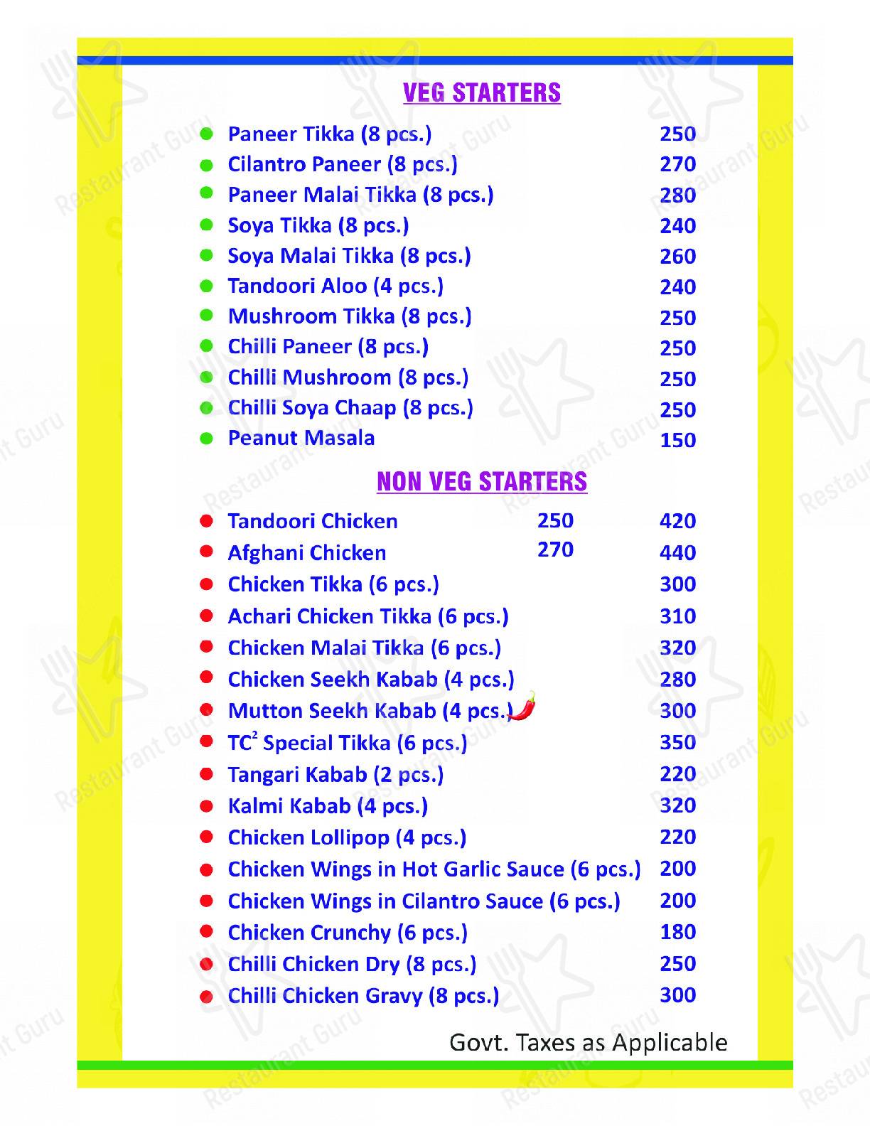 Menu at Tikka Curry Corner, Jaipur
