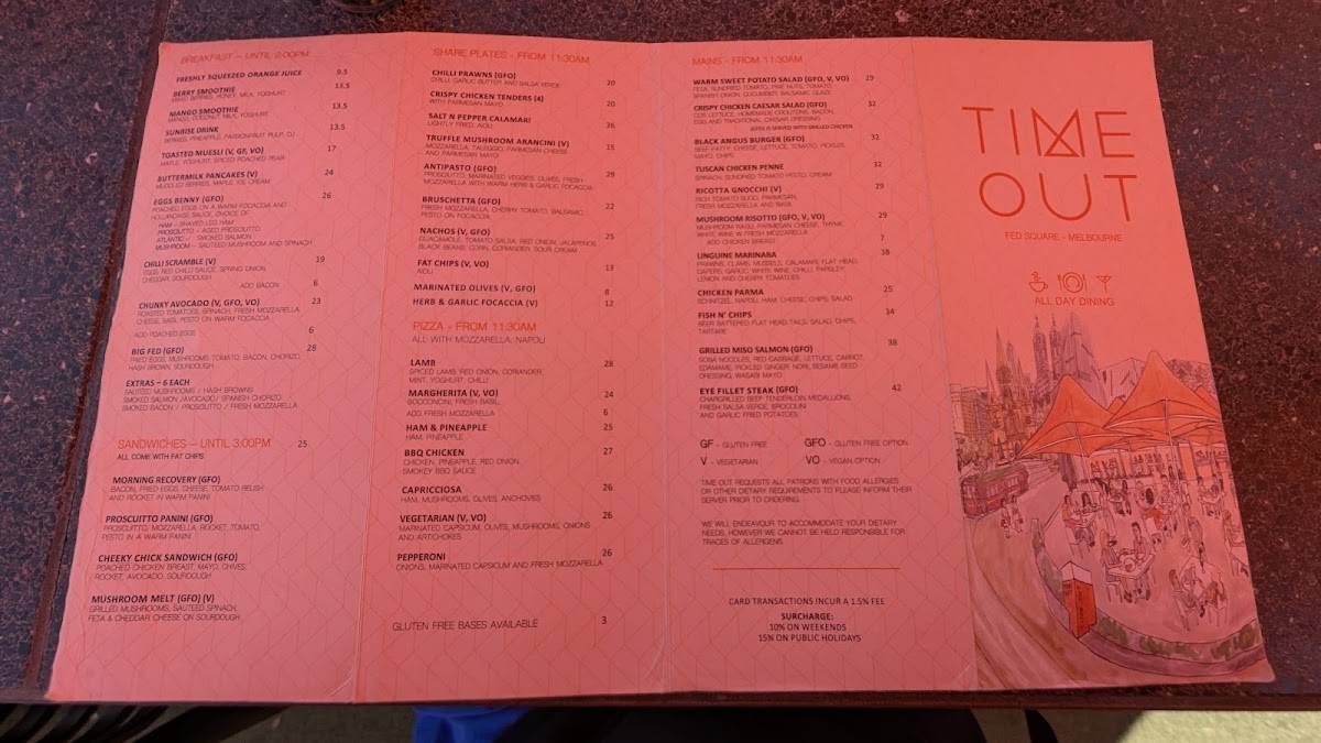 Menu at Time Out Fed Square cafe, Melbourne