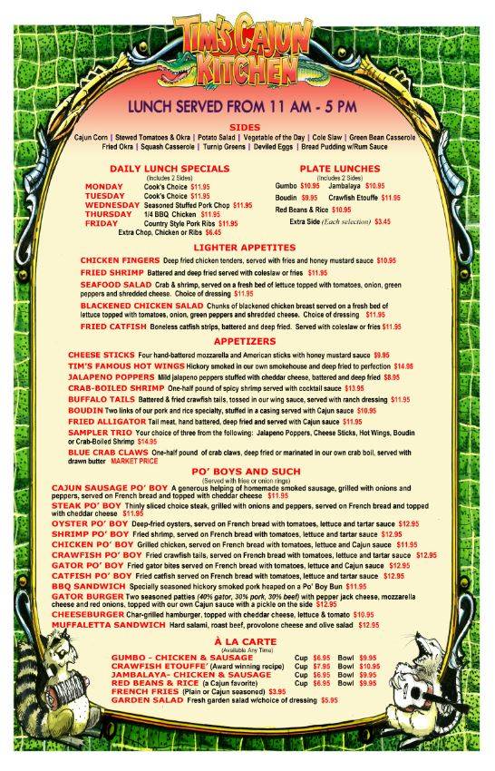 Menu at Tim's Cajun Kitchen restaurant, Huntsville