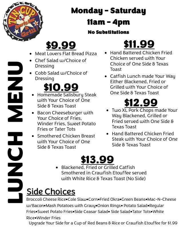 Menu at Tin Cup Sports Bar & Grill, Huffman