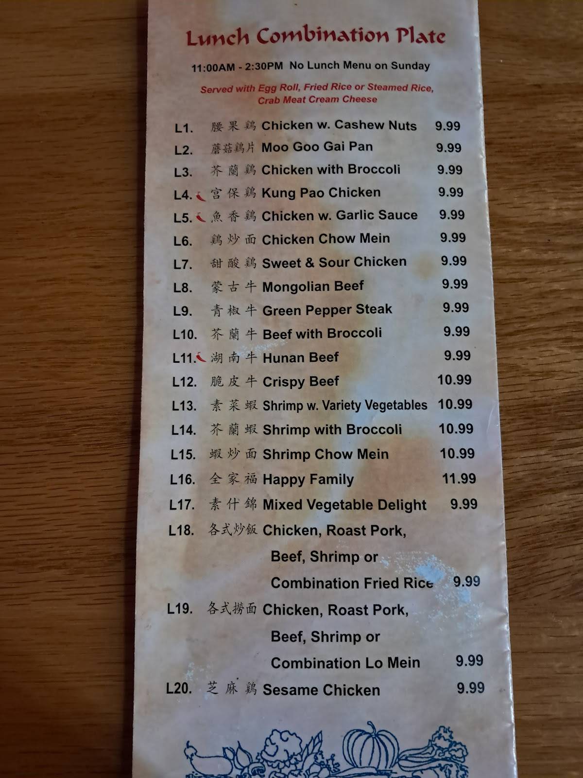 Menu at Tin Loong restaurant, Blue Ridge, Appalachian Hwy