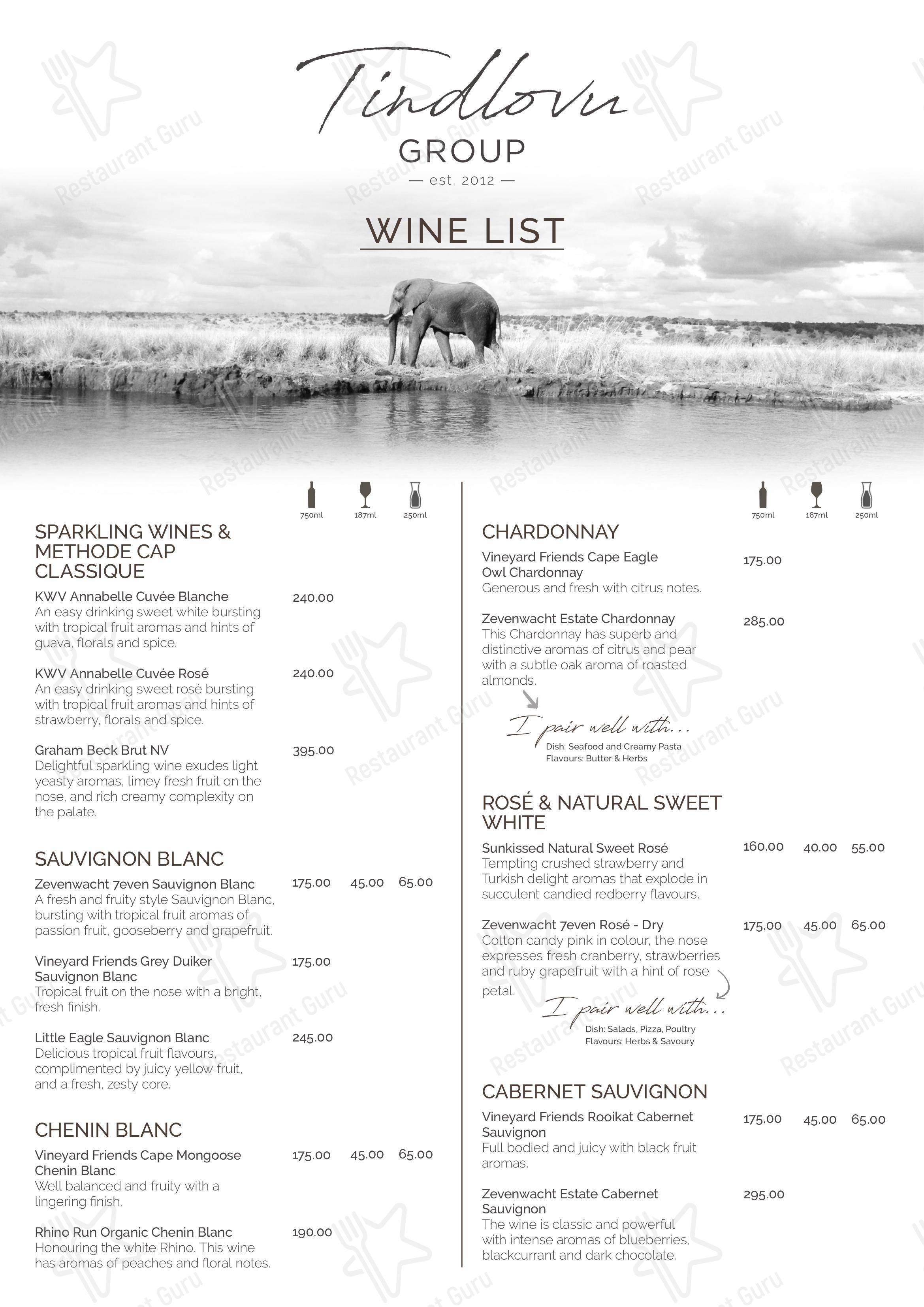 Menu at Tindlovu Restaurant Berg-En-Dal Rest Camp, Malelane, Berg-en ...