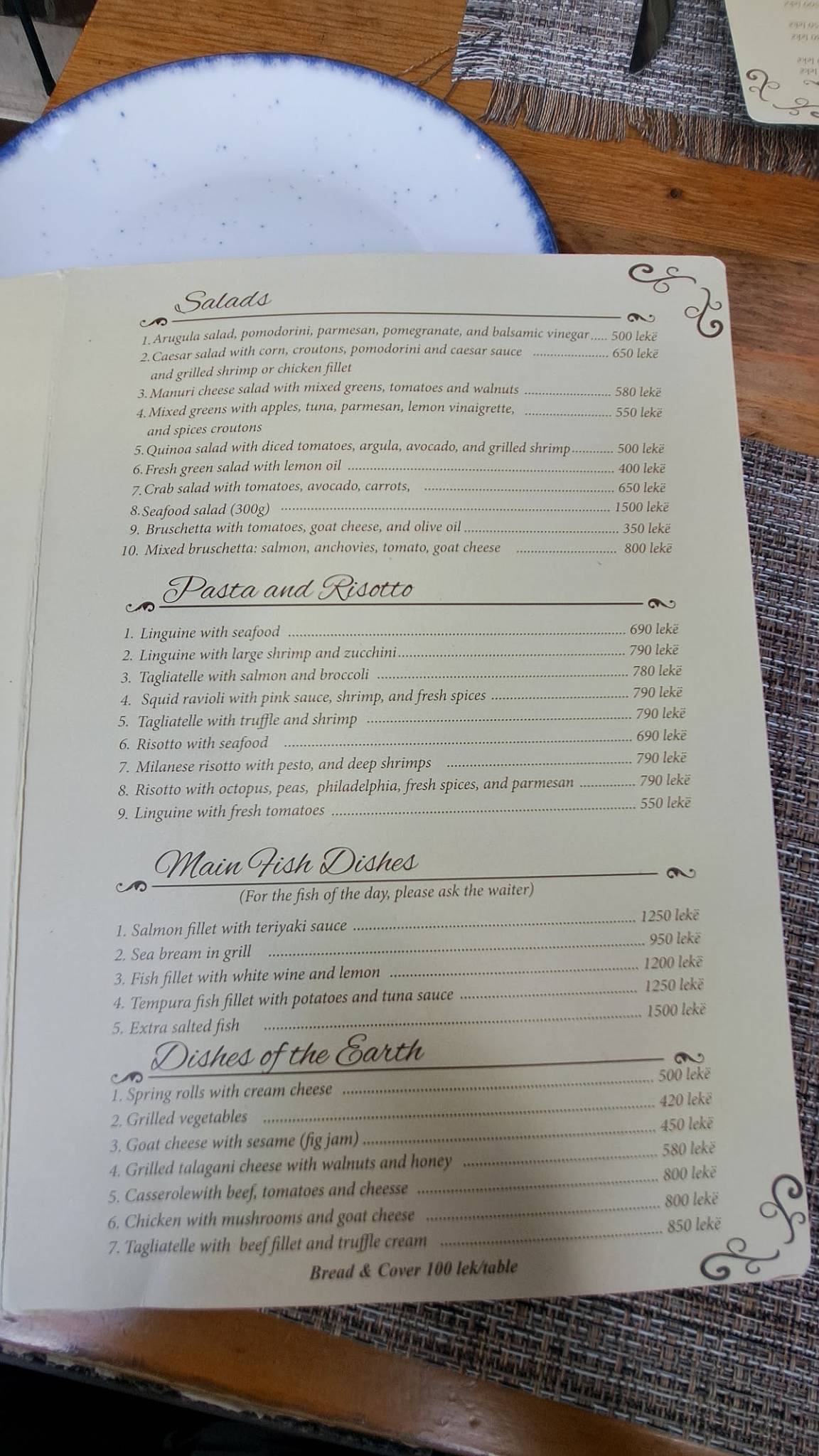 Menu at La Gioia restaurant, Tirana