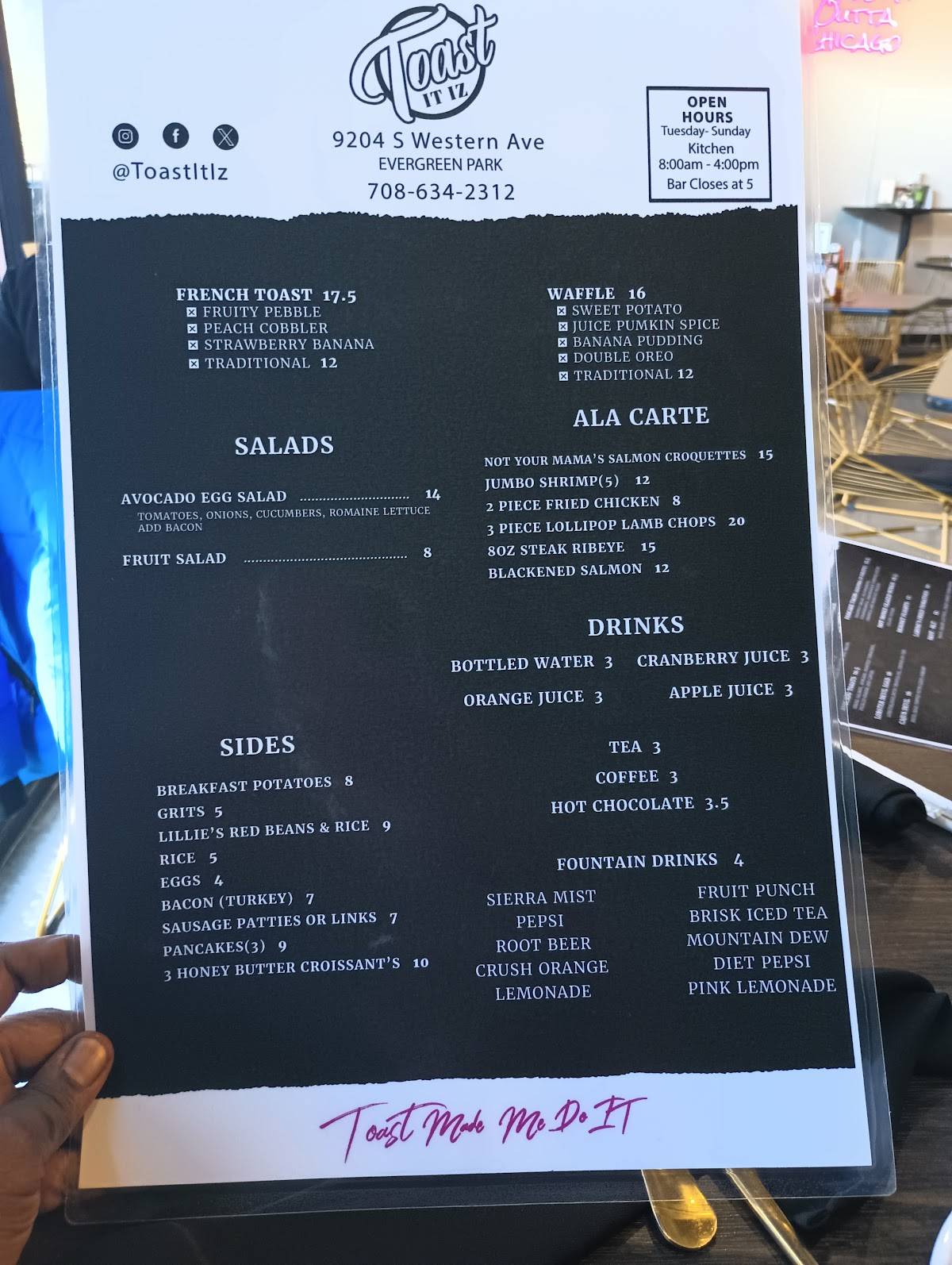 Menu at Toast It IZ restaurant, Evergreen Park