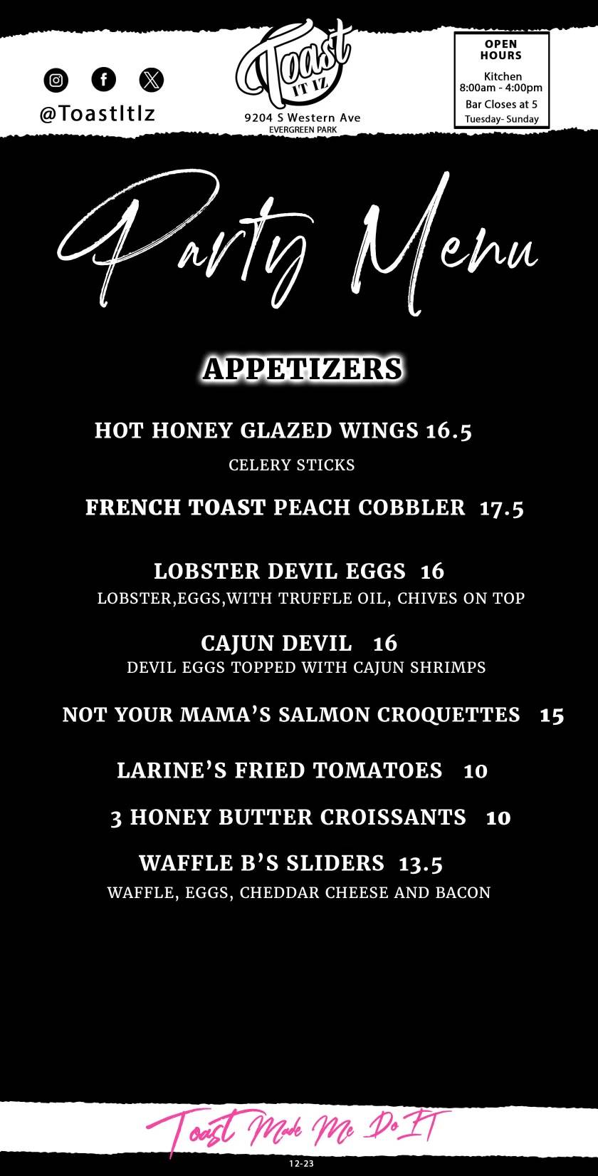 Menu at Toast It IZ restaurant, Evergreen Park