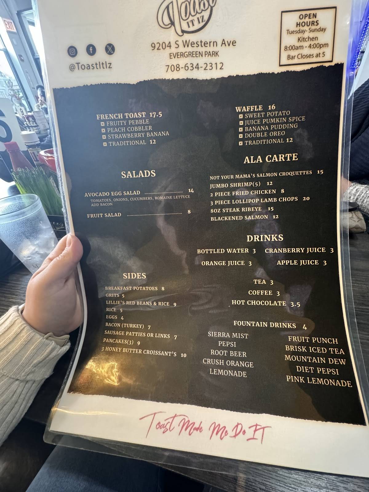 Menu at Toast It IZ restaurant, Evergreen Park