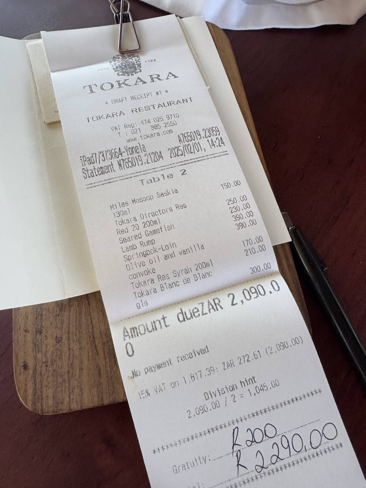 Menu at Tokara Restaurant, Stellenbosch