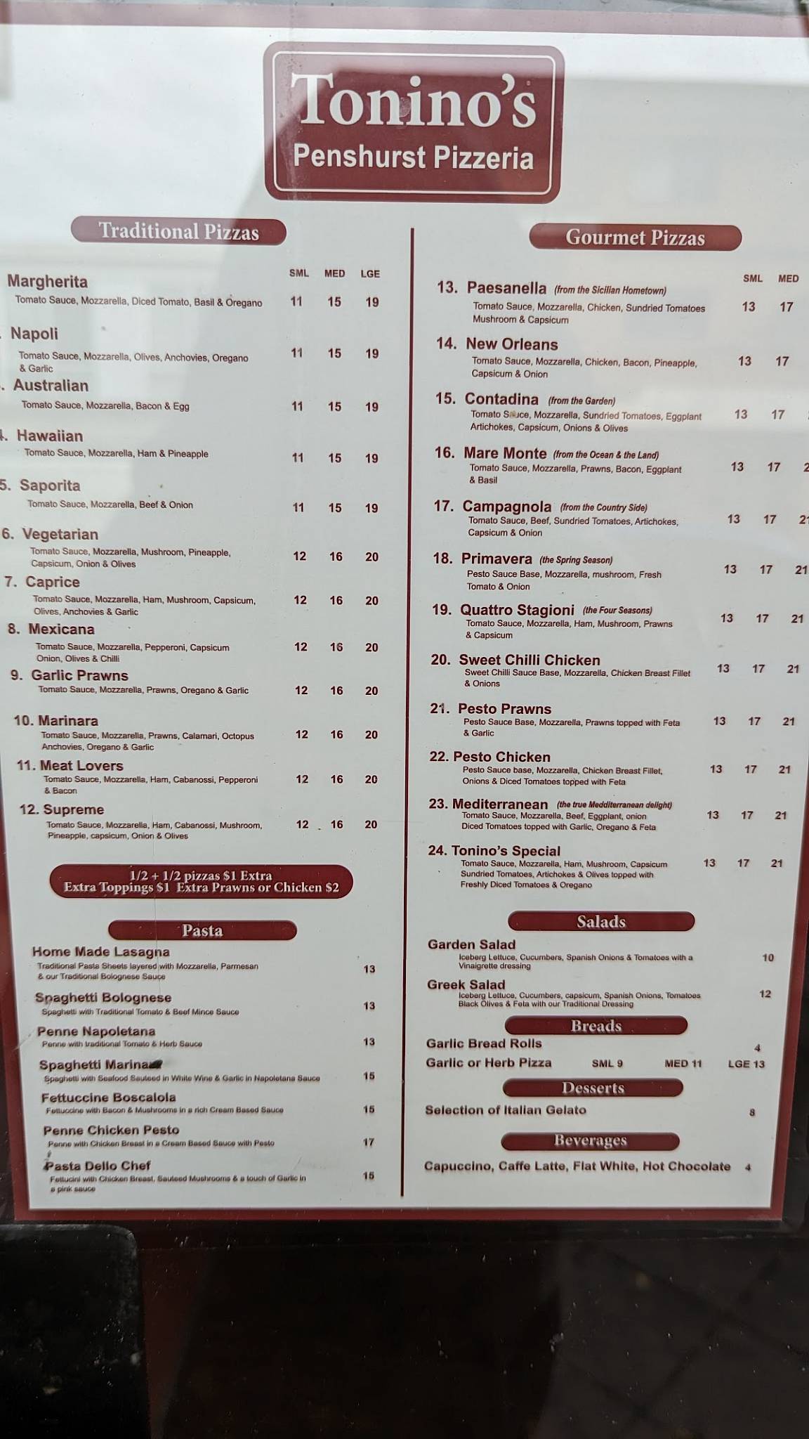 Menu at Tonino's Penshurst Pizzeria, Penshurst