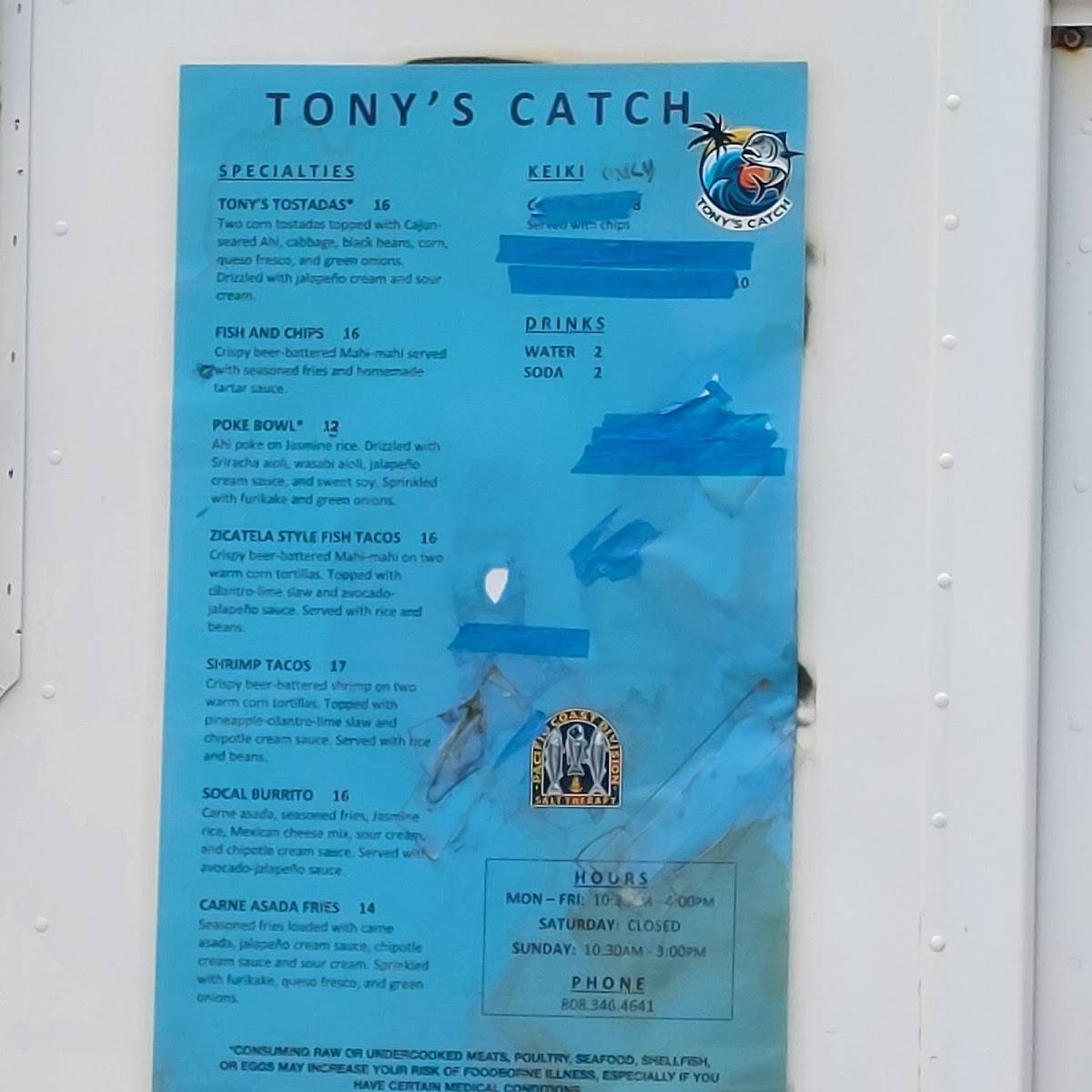 Menu at Tony's Catch restaurant, Kapaa