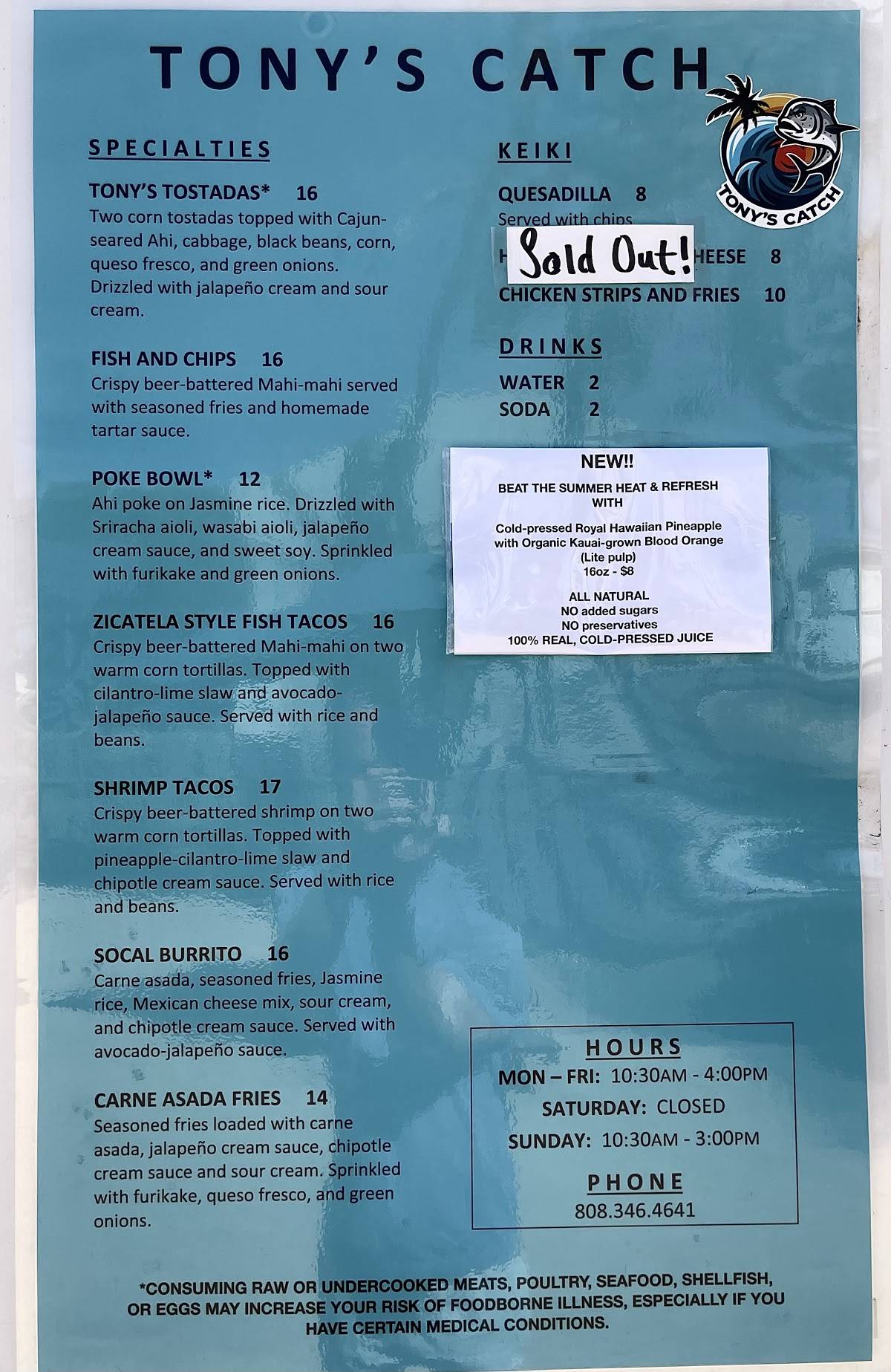 Menu at Tony's Catch restaurant, Kapaa