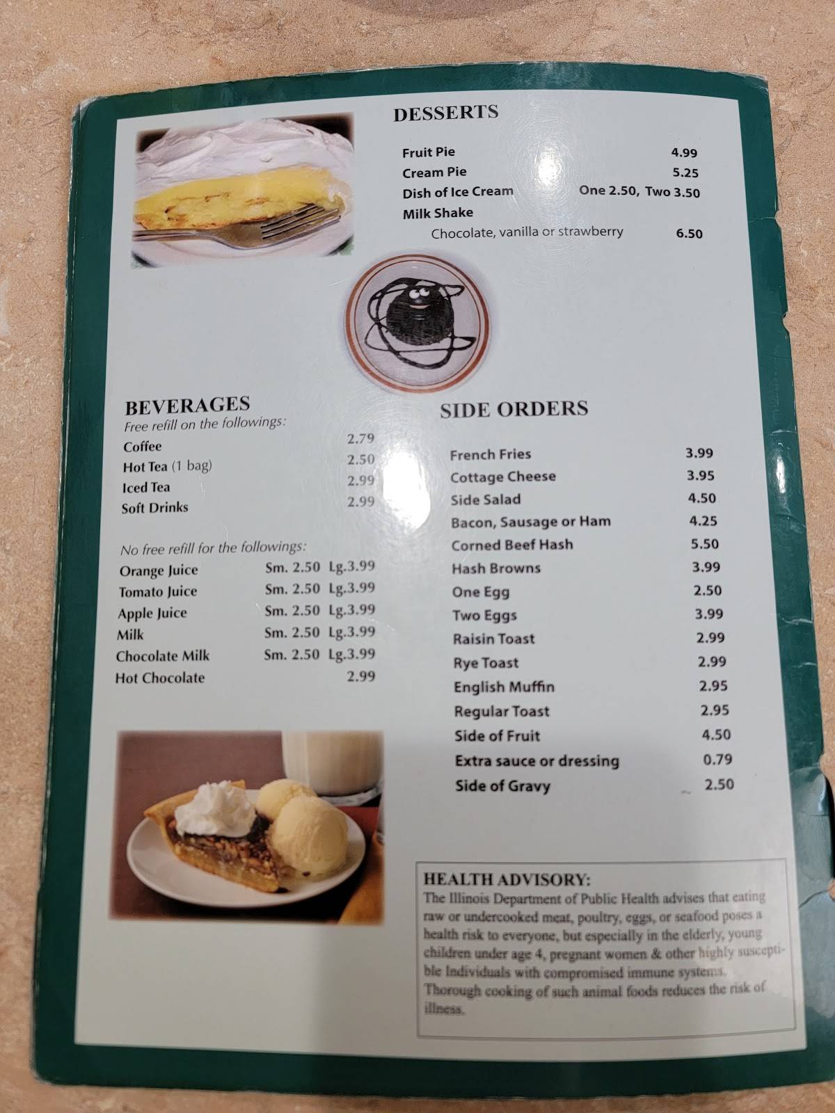 Menu at Tony's Diner restaurant, Bloomington