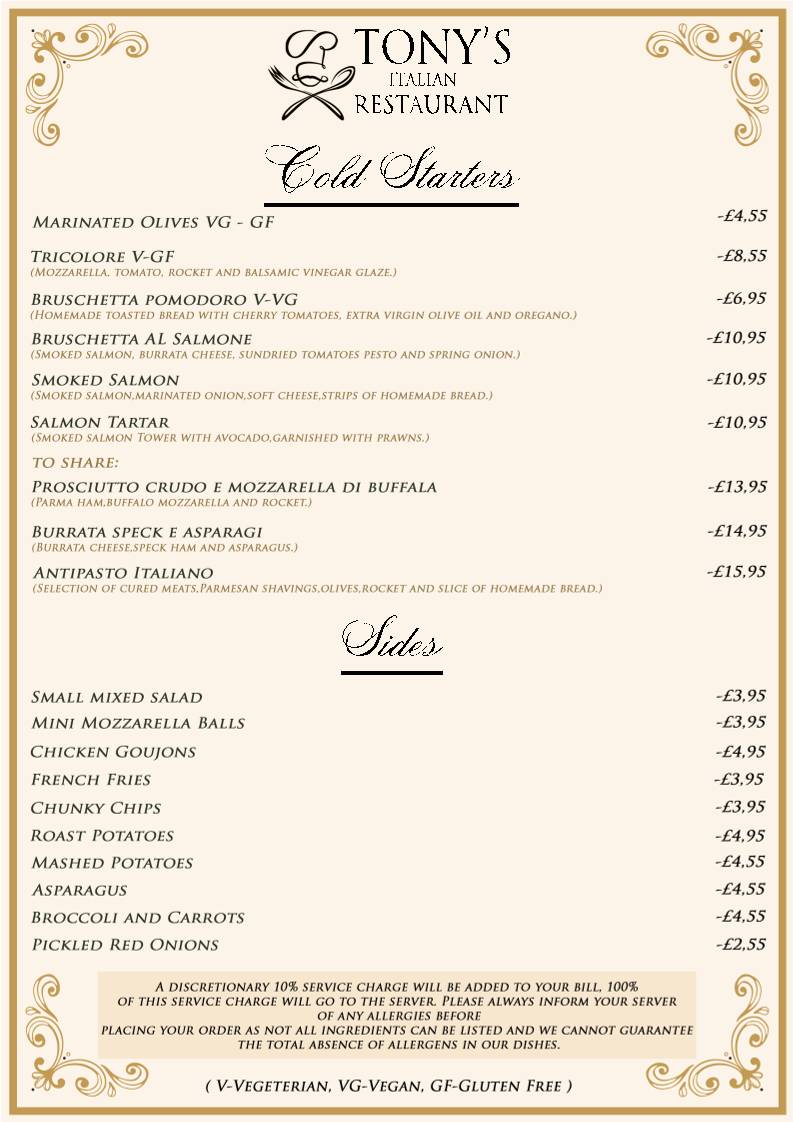 Menu at Tony's Italian Restaurant, Wickford