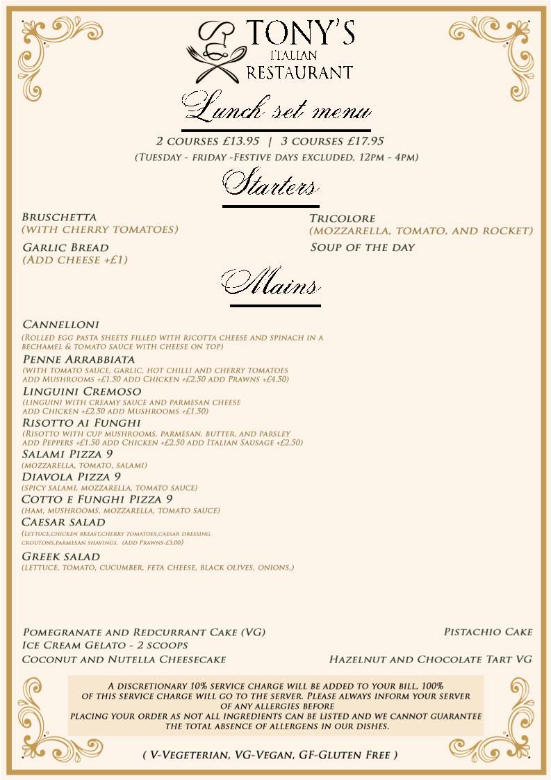 Menu at Tony's Italian Restaurant, Wickford