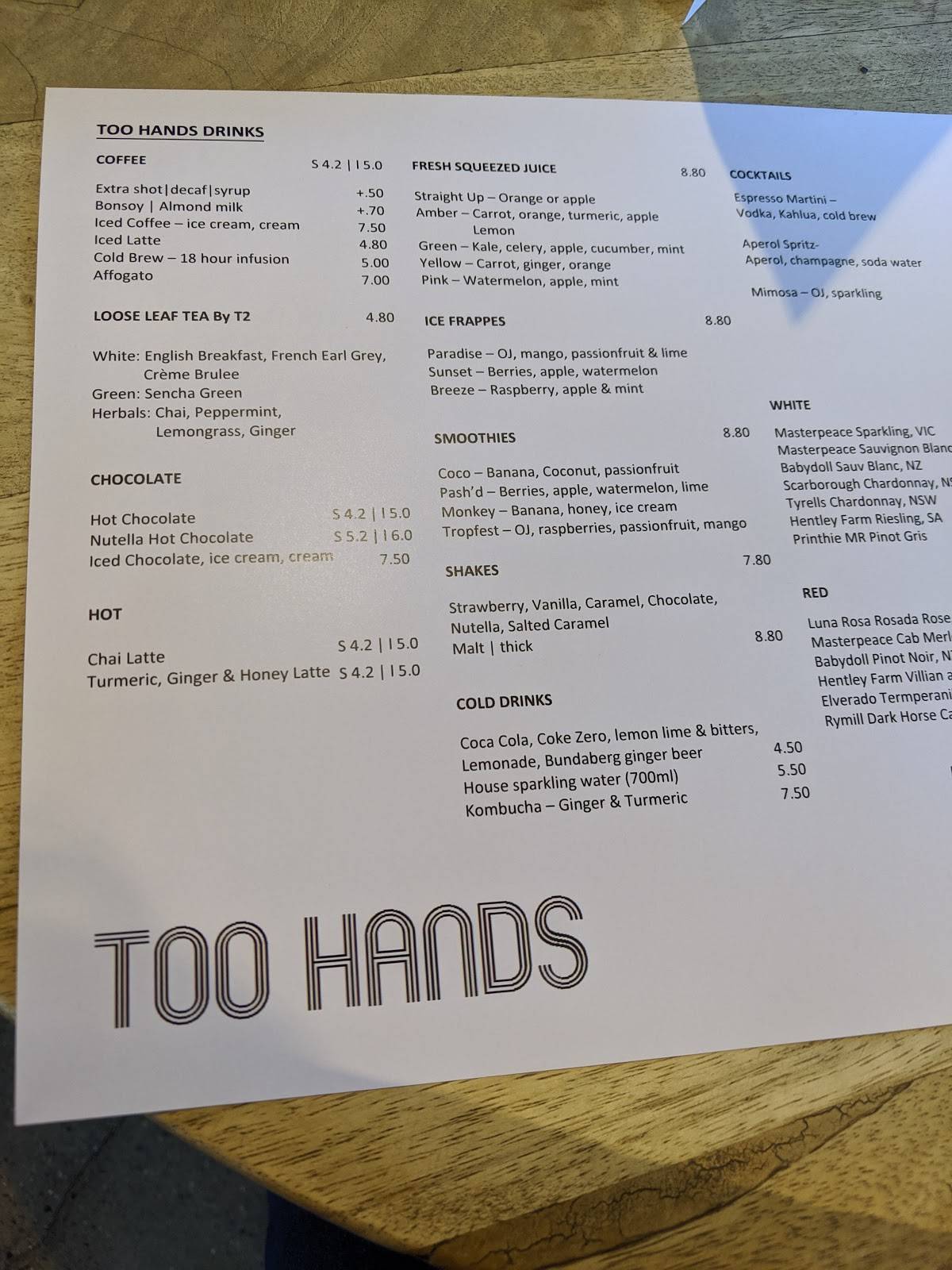 Menu at Too Hands restaurant, New Lambton