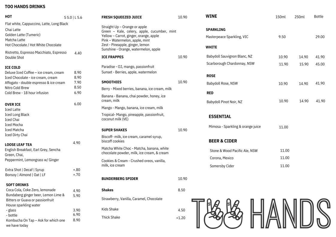 Menu at Too Hands cafe, New Lambton
