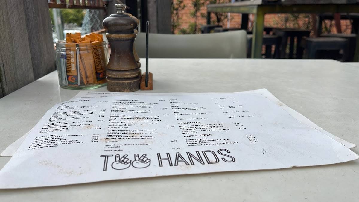Menu at Too Hands cafe, New Lambton