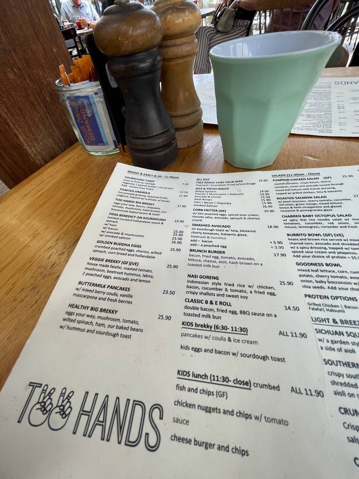 Menu at Too Hands cafe, New Lambton