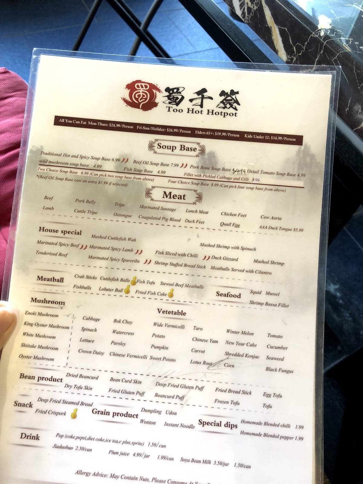 Menu at Too Hot Hotpot restaurant, Markham