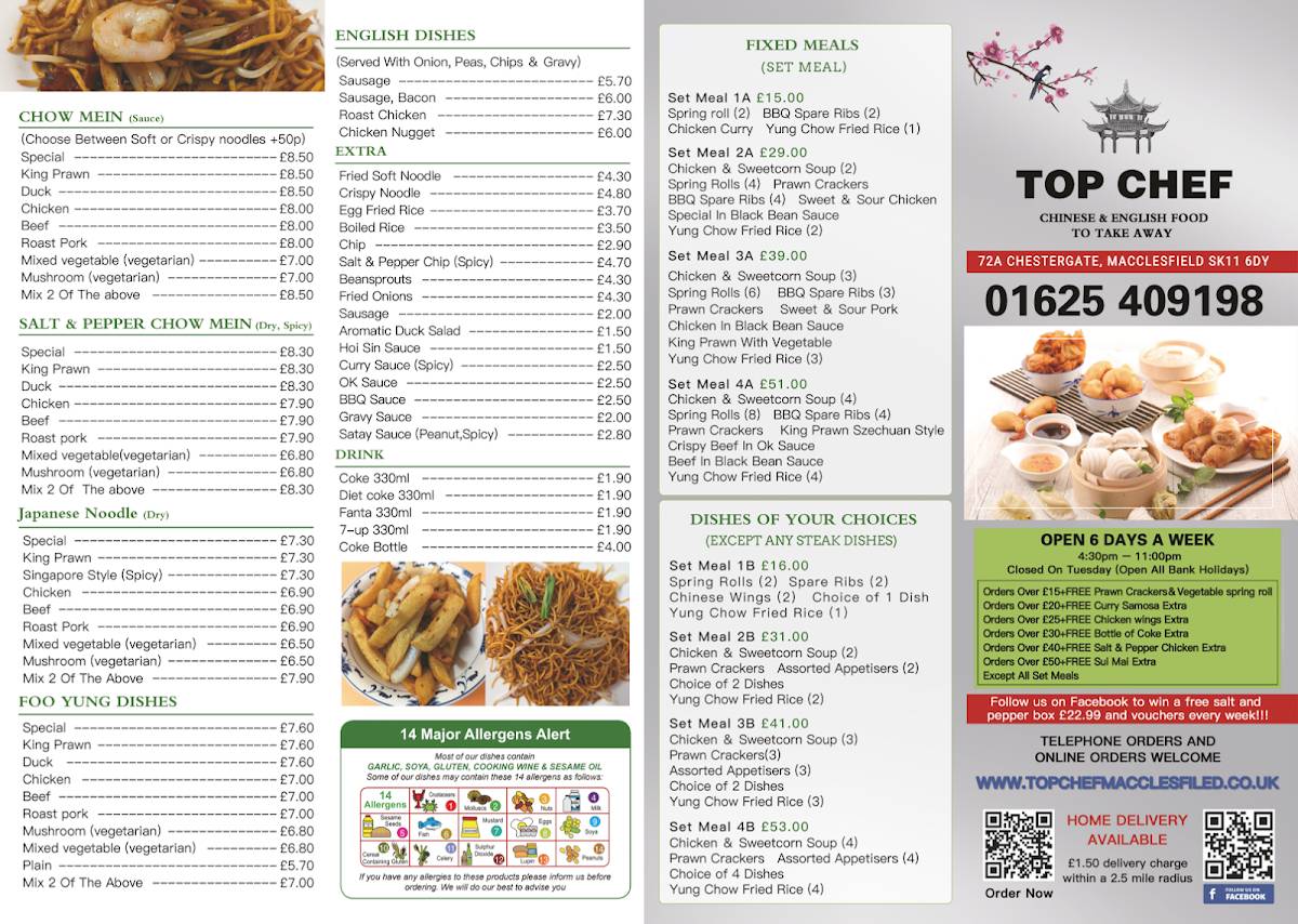 Menu at Top Chef Chinese Takeaway, Macclesfield