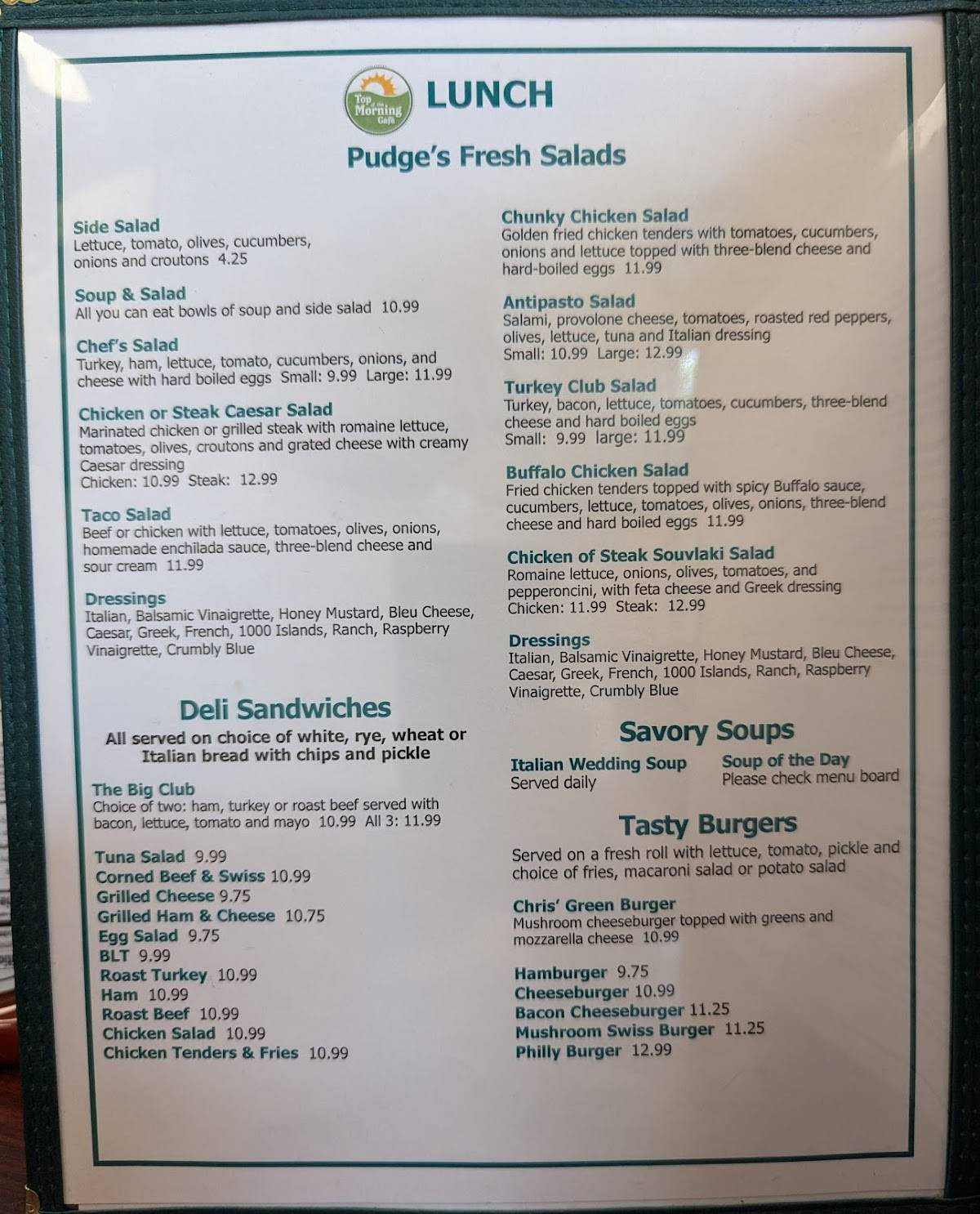 Menu at Top of the Morning Cafe, Utica