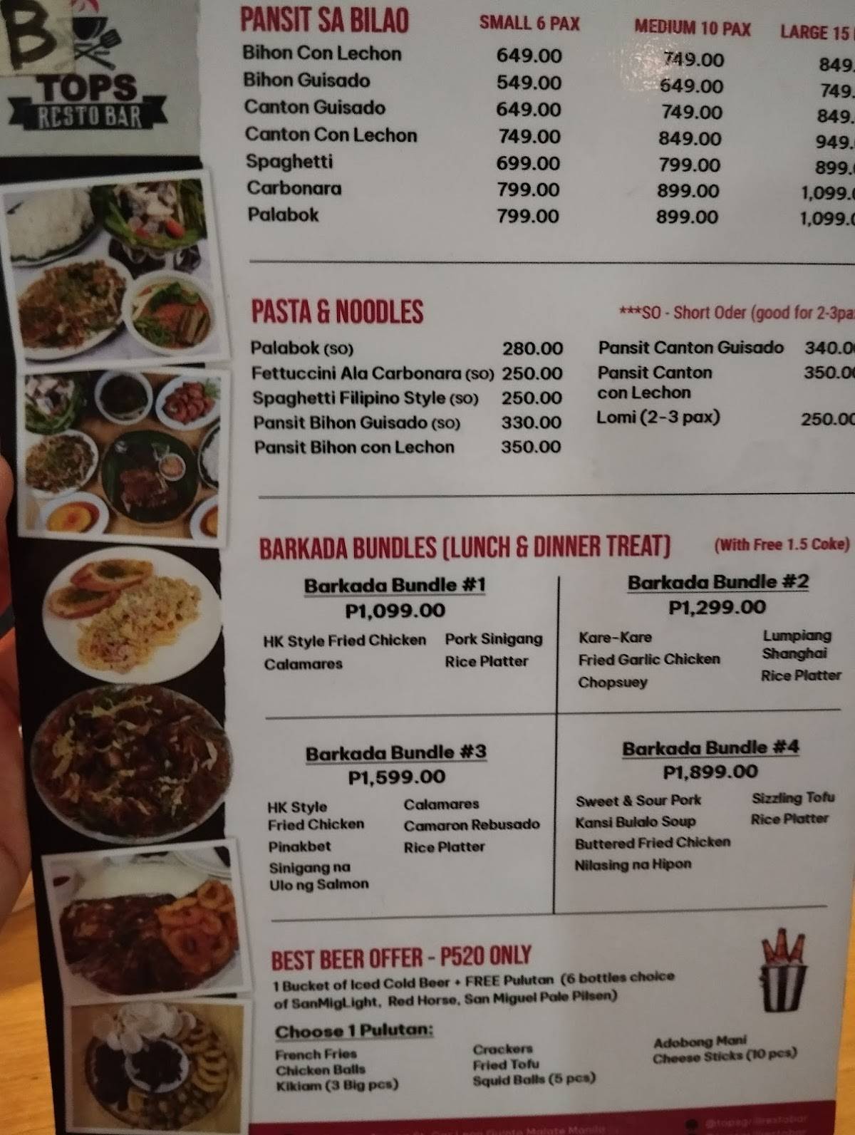 Menu at Top's Grill Restobar, Manila