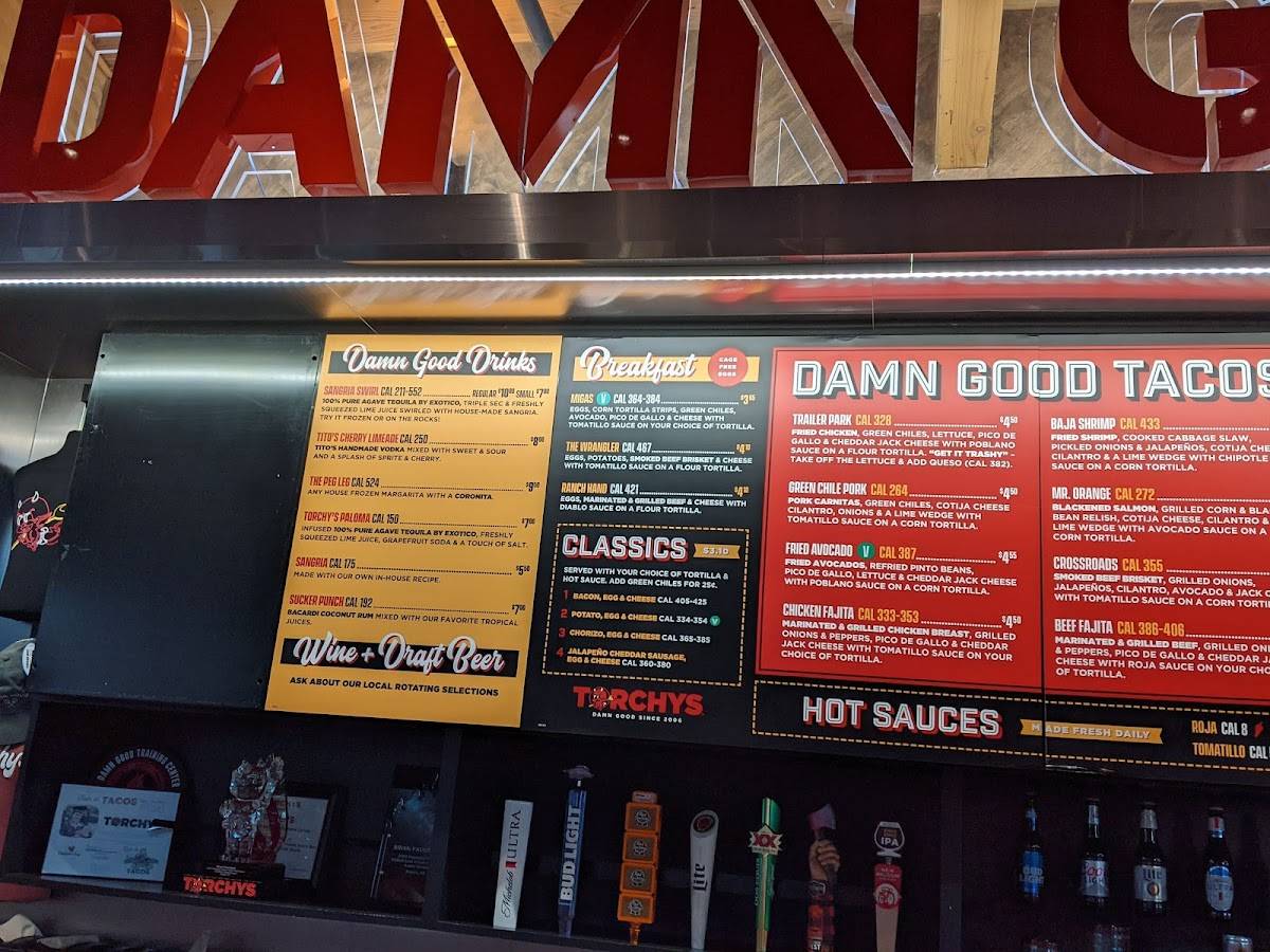 Menu at Torchy's Tacos restaurant, Rogers