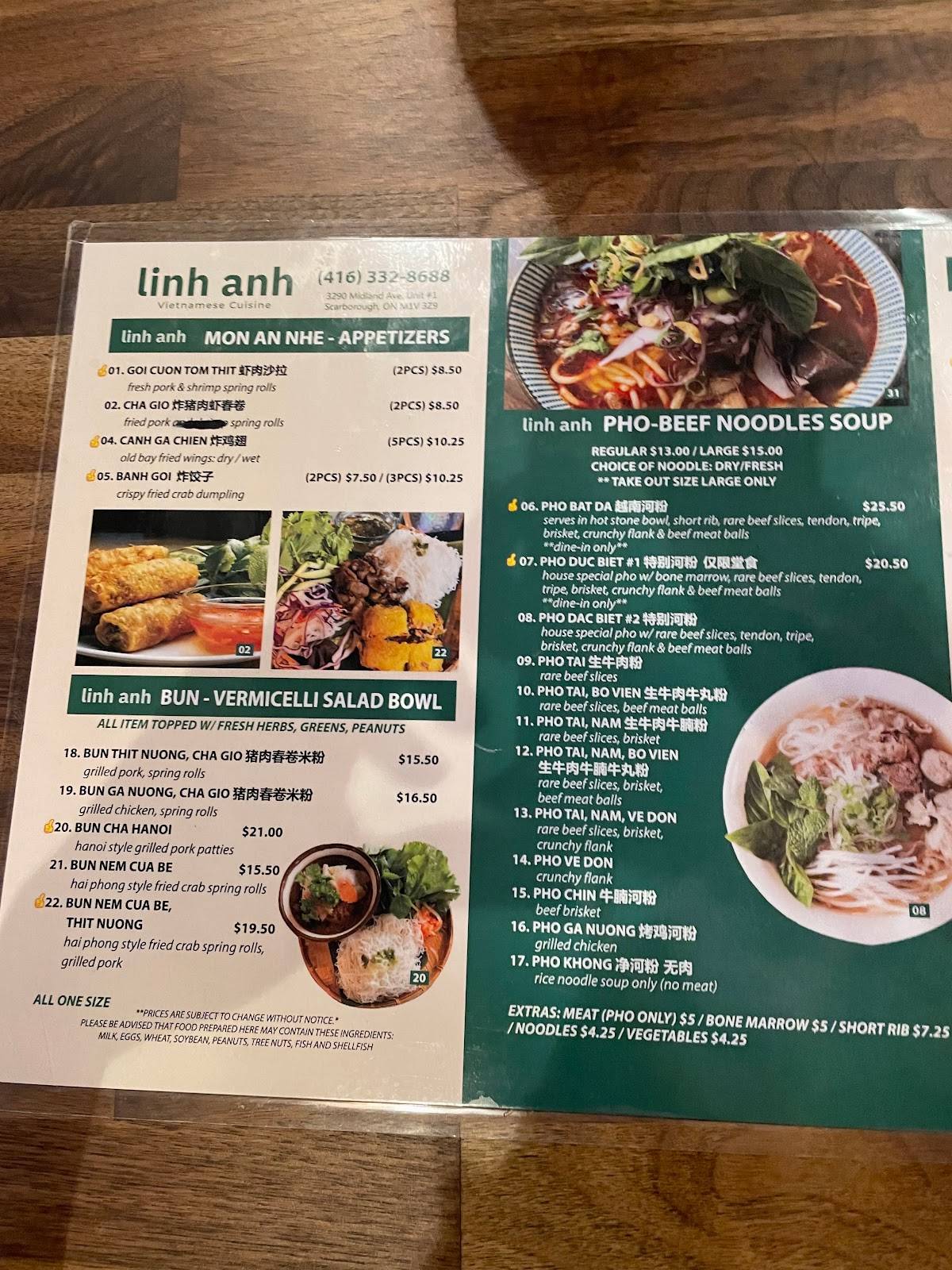 Menu au Linh Anh Vietnamese Cuisine restaurant, Toronto, Midland Ave Unit 1