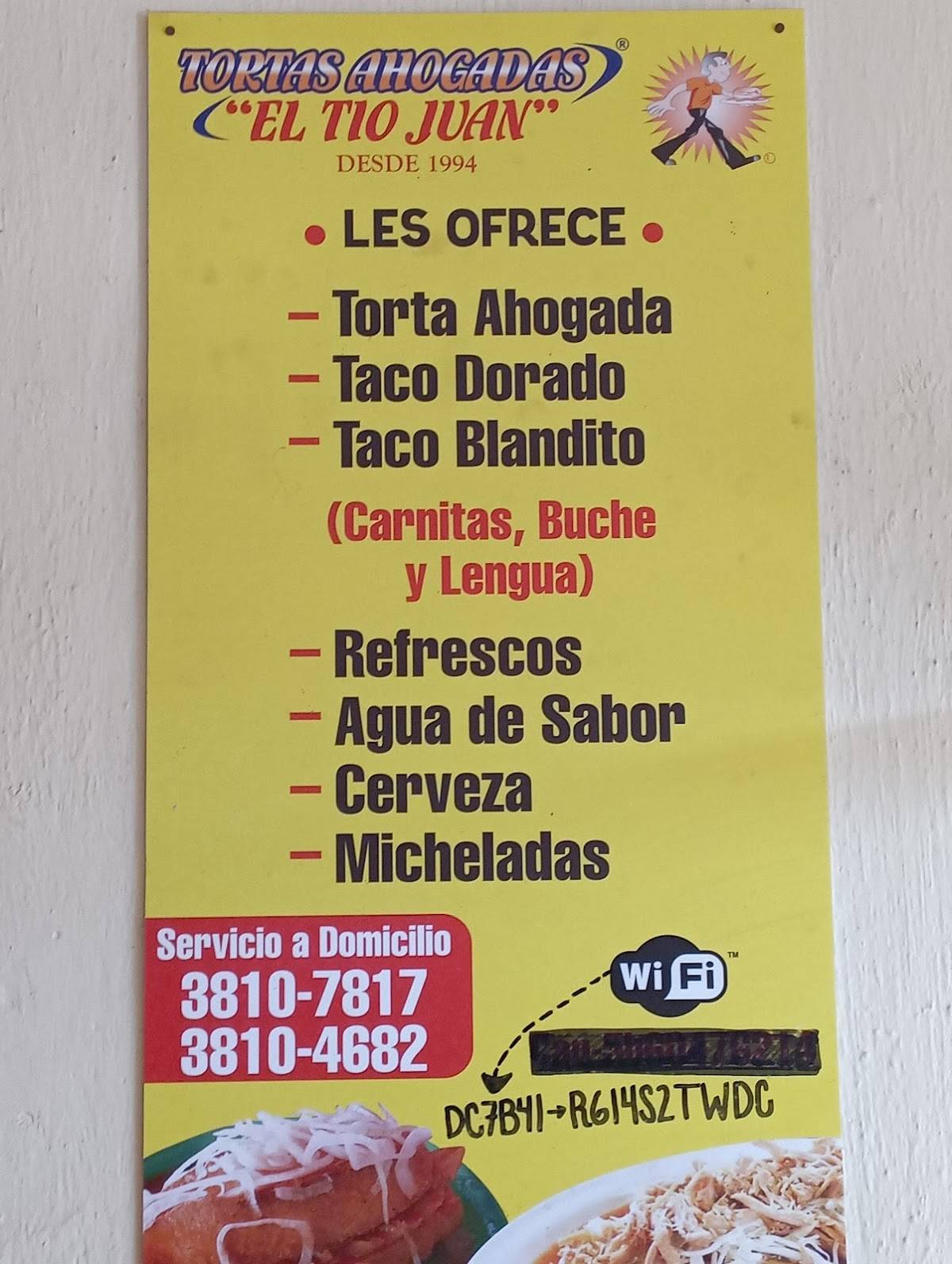 Carta del restaurante Tortas Ahogadas el Tío Juan, Guadalajara